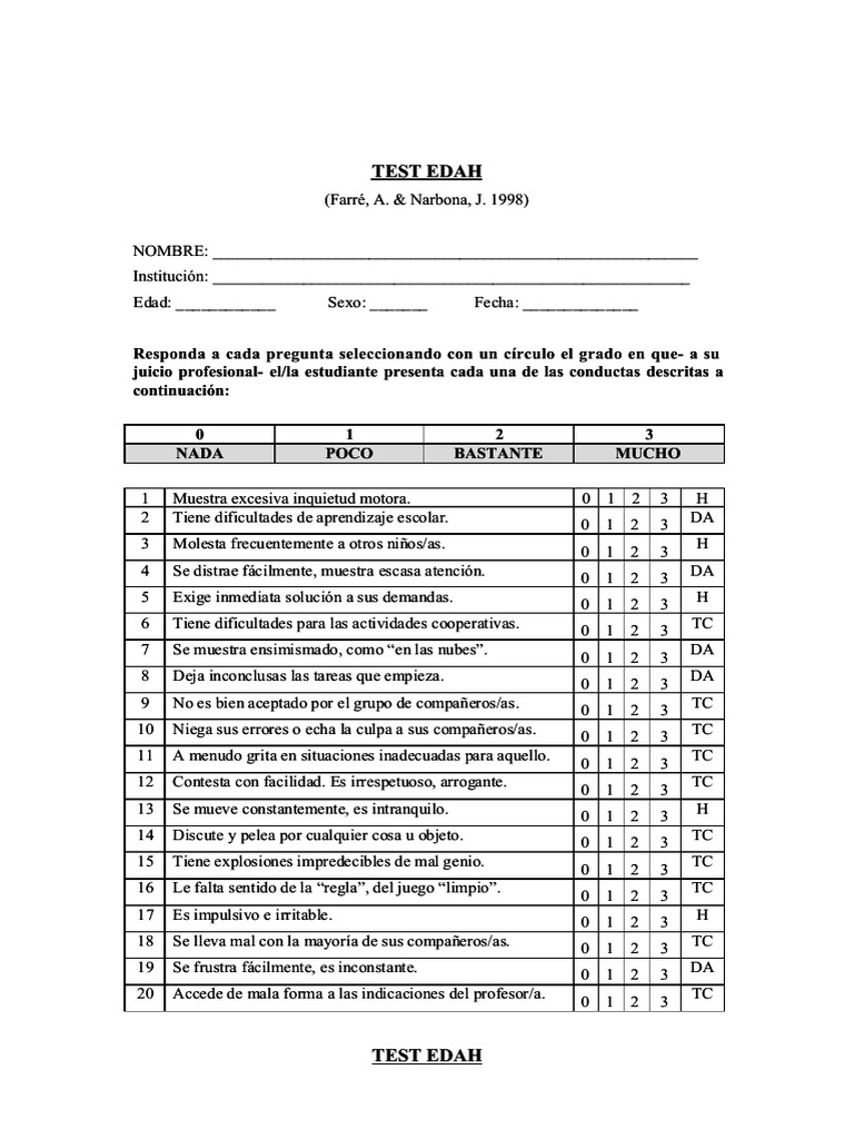 Test-Edah PDF | PDF | Desorden hiperactivo y deficit de atencion ...