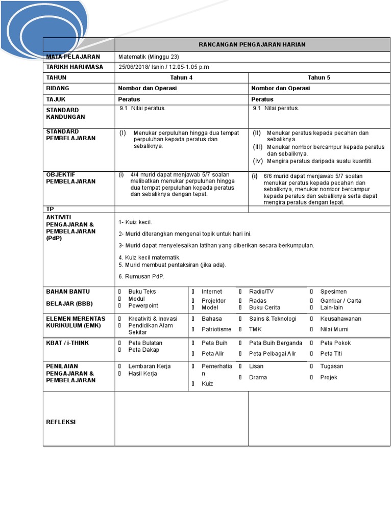RPH Minggu Kelas Gabung Math | PDF