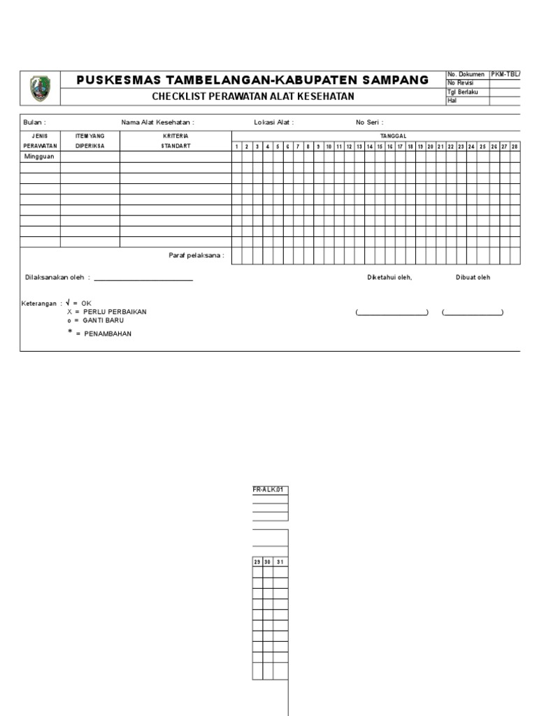 Checklist Perawatan Alat Kesehatan Puskesmas | PDF