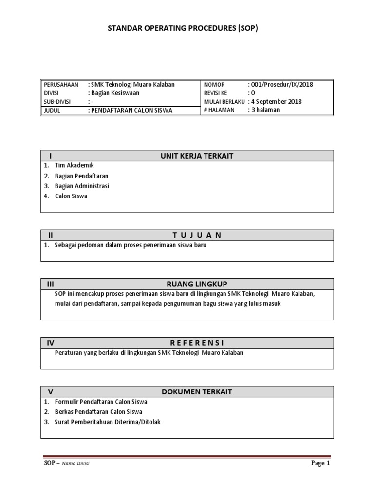Kpi Dev Contoh Isian Template SOP1 | PDF | Karier & Perkembangan | Bisnis