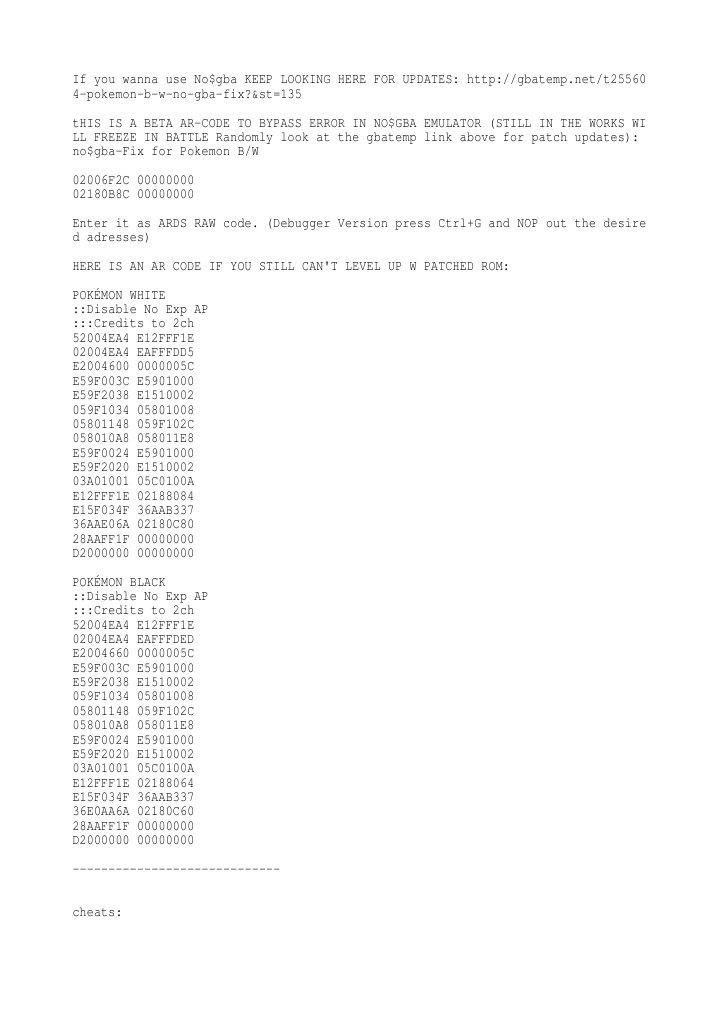 Action Replay Codes For Pokemon Black and White-Anti Freeze Code | PDF ...