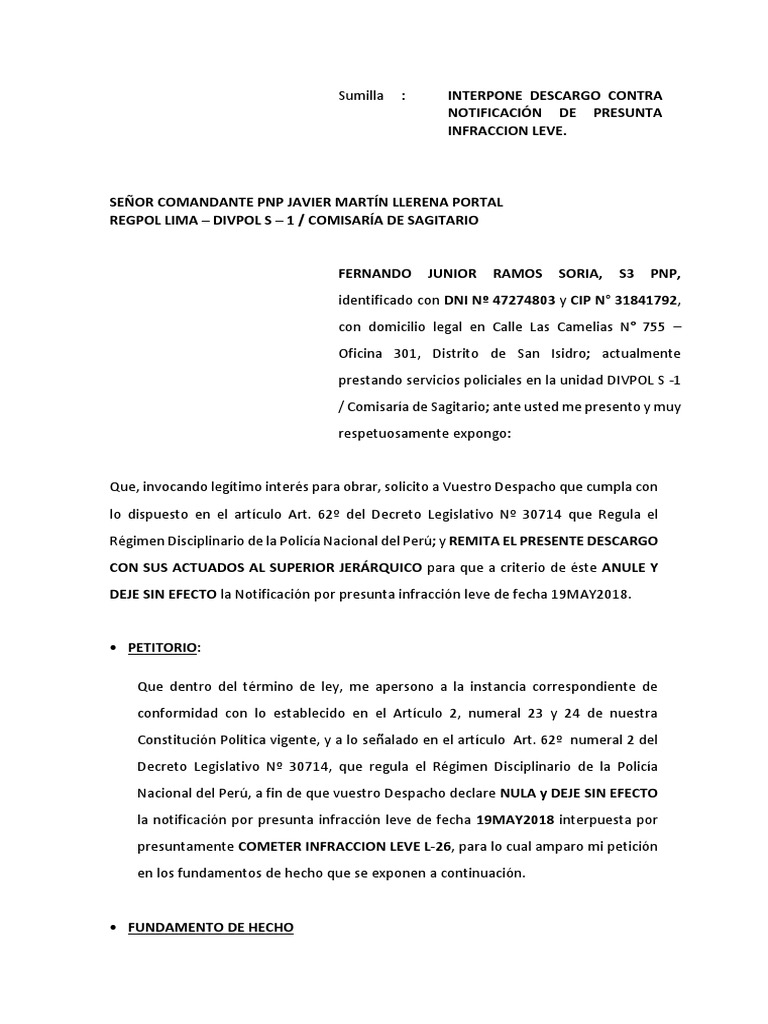 Descargo de Sancion Administrativa Disciplinaria | PDF | Policía | Gobierno Descargo de Sancion Administrativa Disciplinaria | PDF | Policía | Gobierno