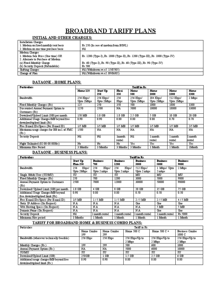Broadband Tariff Plans: Initial and Other Charges | Download Free PDF ...