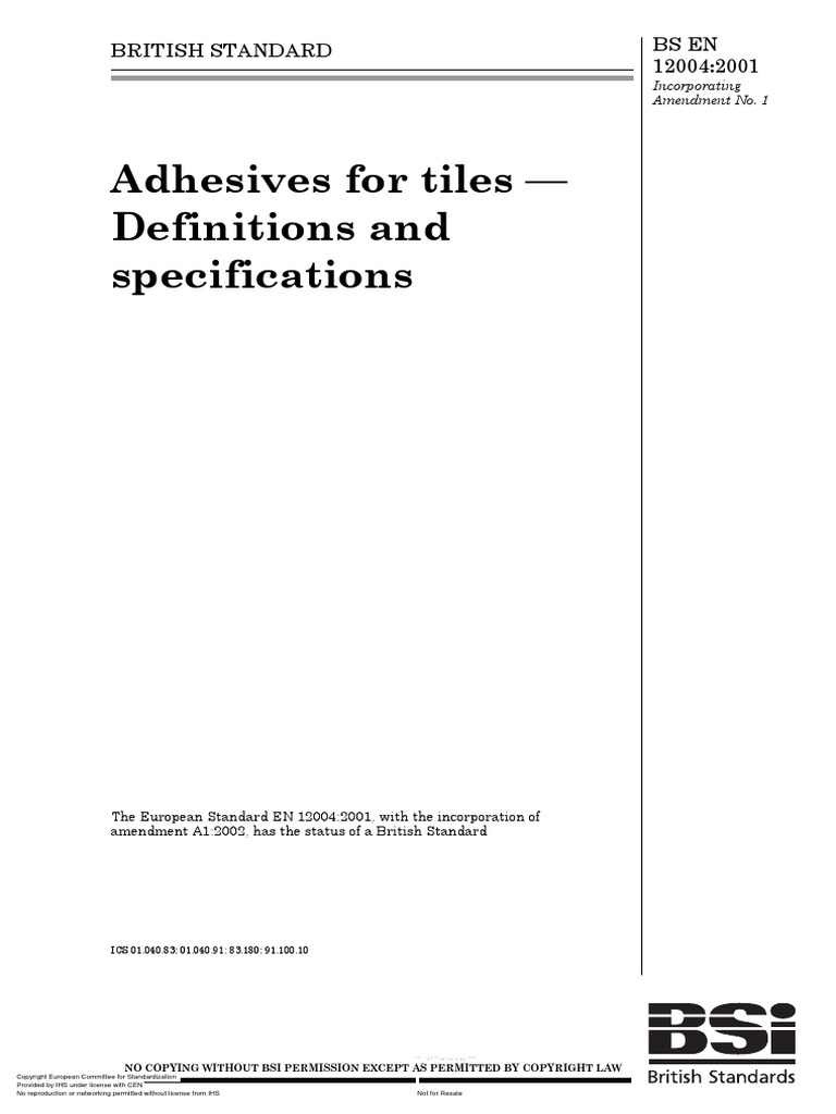 En 12004 2001 Adhessives For Tiles Definitions and Specifica PDF | PDF ...