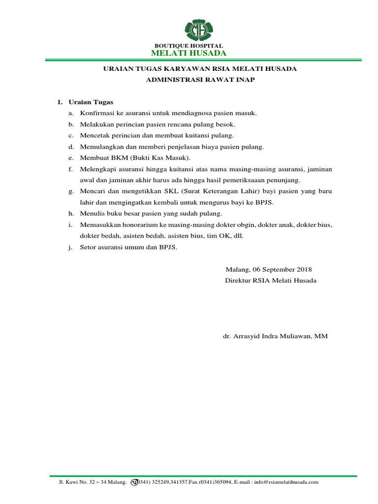 Tugas Administrasi Rawat Inap di RSIA Melati Husada | PDF Tugas Administrasi Rawat Inap di RSIA Melati Husada | PDF