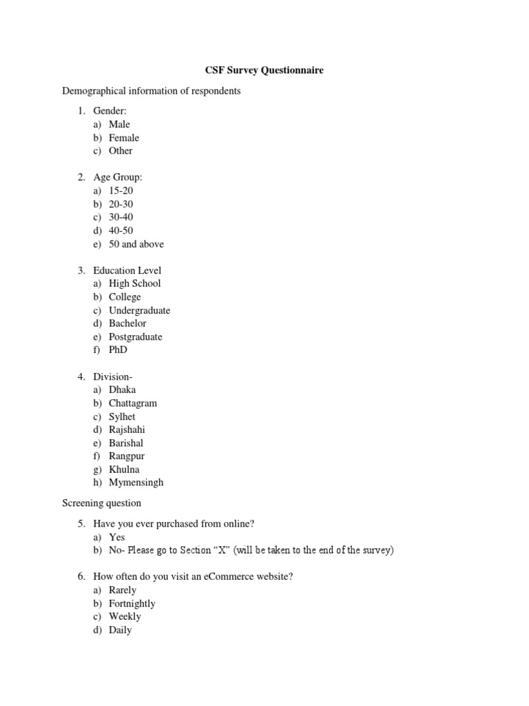 CSF Survey Questionnaire | PDF | E Commerce | Service Industries