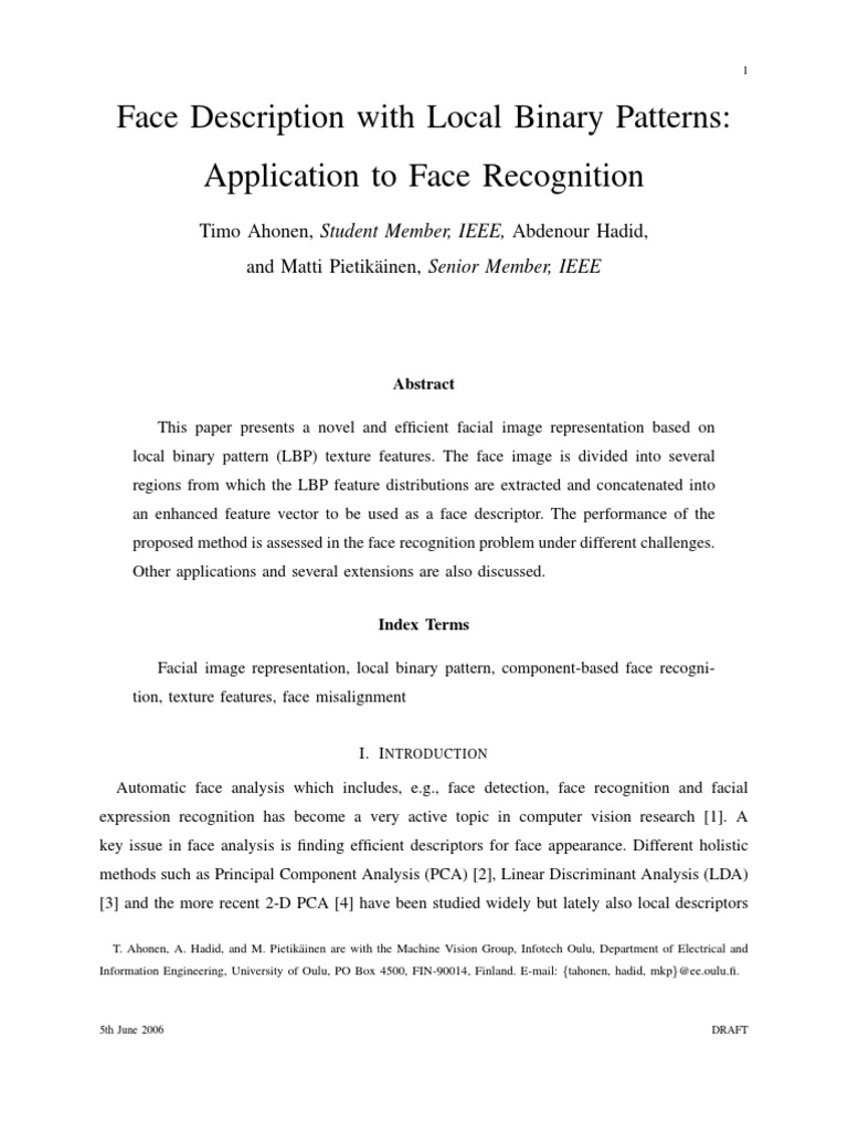 Face Description With Local Binary Patterns: Application To Face ...