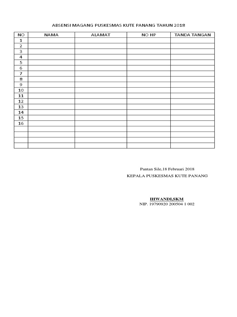 Absensi Magang Puskesmas Kute Panang Tahun 2018 | PDF