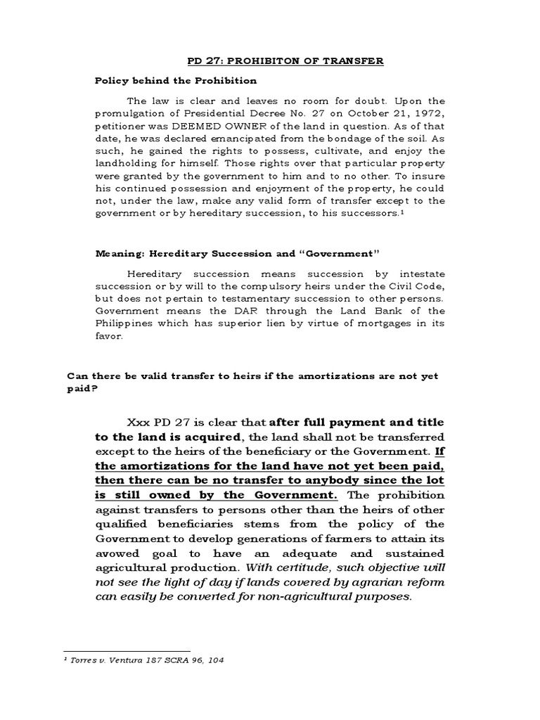 PD 27: Prohibiton of Transfer Policy Behind The Prohibition | PDF ...
