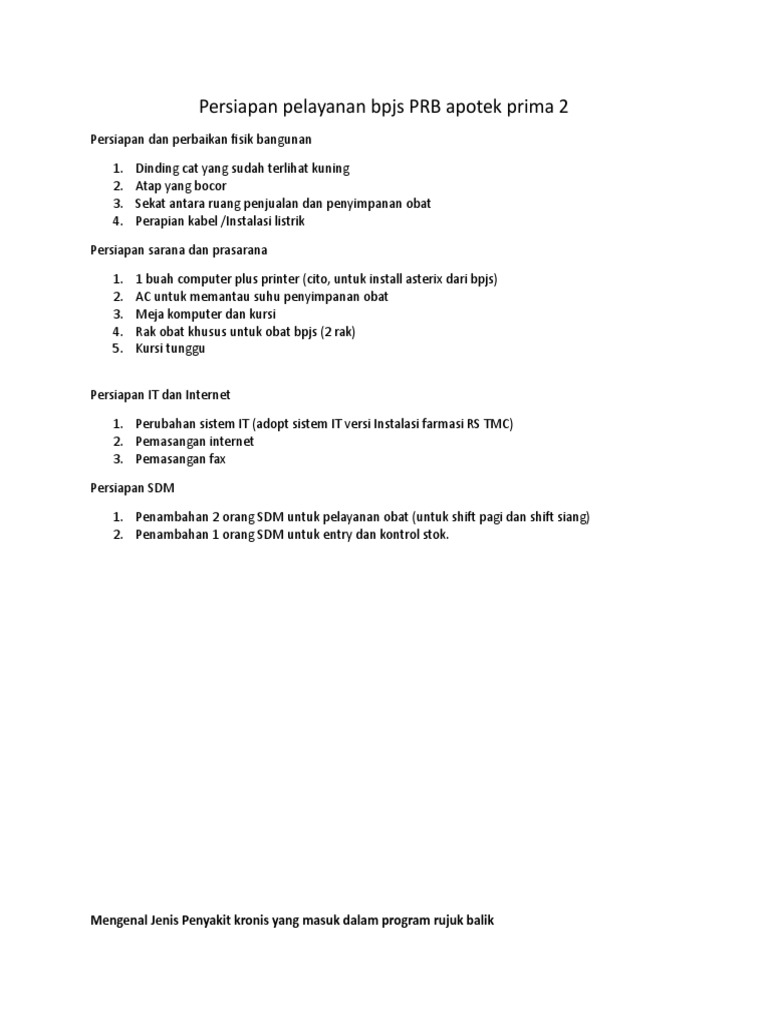 Persiapan Pelayanan Bpjs PRB Apotek Prima 2 | PDF