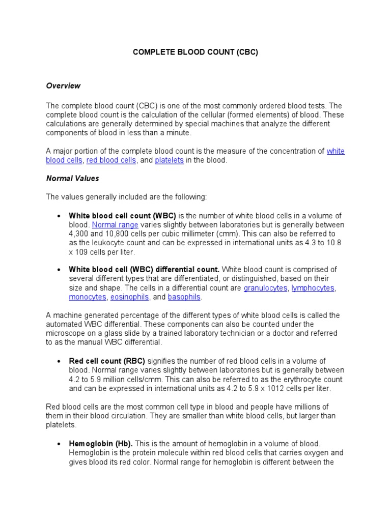White Blood Cells Red Blood Cells Platelets: Complete Blood Count (CBC ...