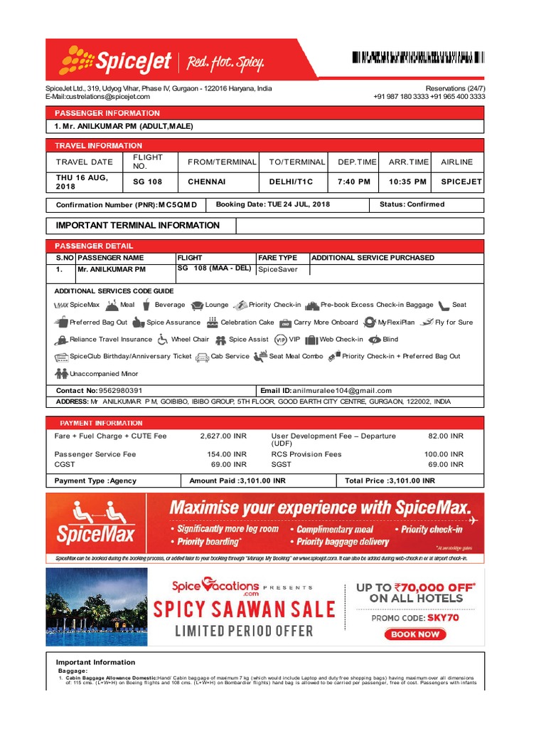 SpiceJet - E-Ticket - PNR MC5QMD - 16 Aug 2018 Chennai-Delhi For MR. PM ...