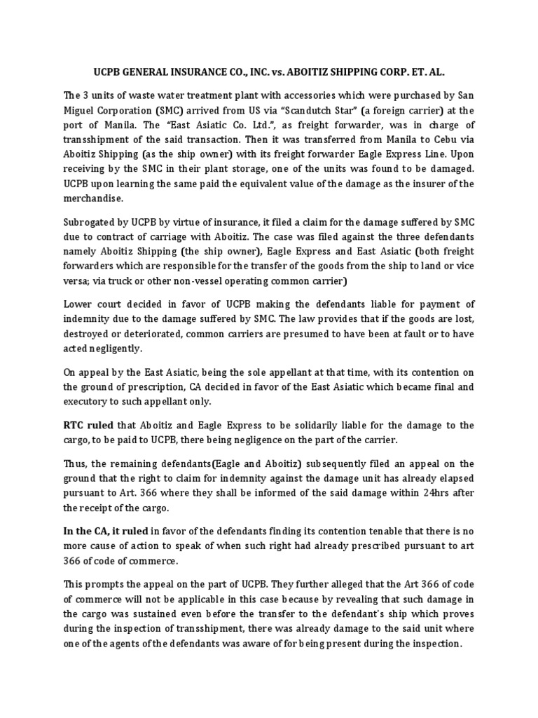 Ucpb General Insurance Co V Aboitiz Shipping Et Al | PDF | Common Law ...