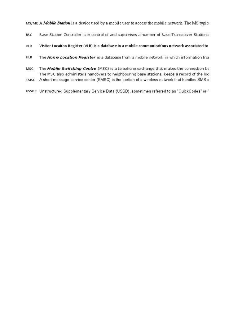 Ms/Me BSC VLR HLR MSC SMSC Ussdc | PDF | Mobile Telecommunications ...