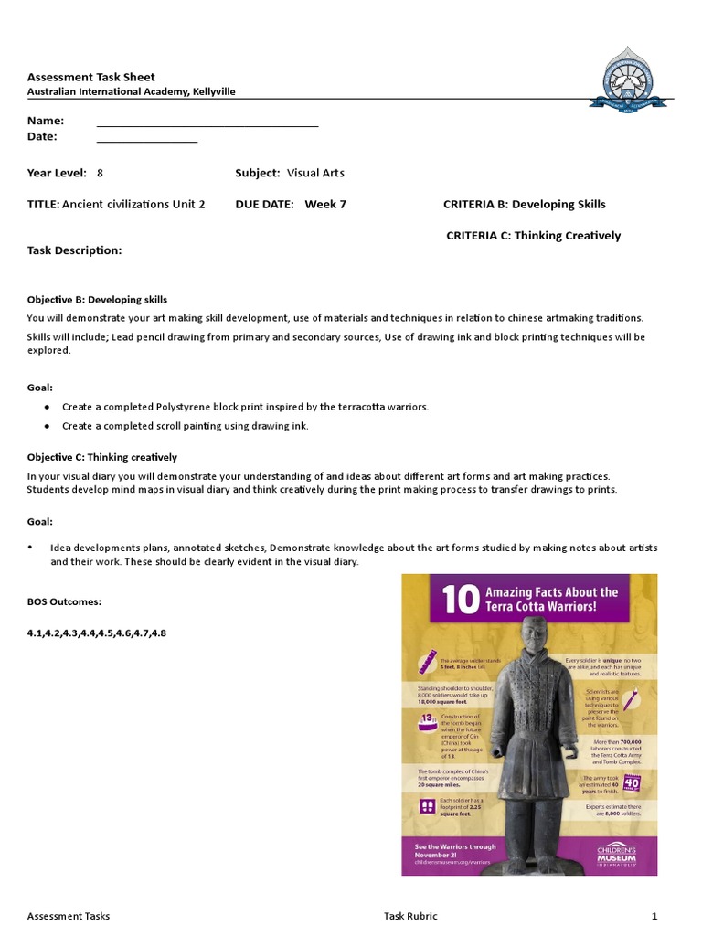 Year 8 U2 Visual Arts Myp Assessment Task and Rubric | PDF | Rubric ...