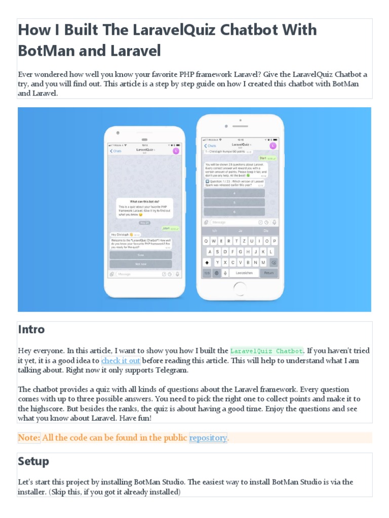 How I Built The LaravelQuiz Chatbot With BotMan and Laravel PDF | PDF | Php | Internet Bot