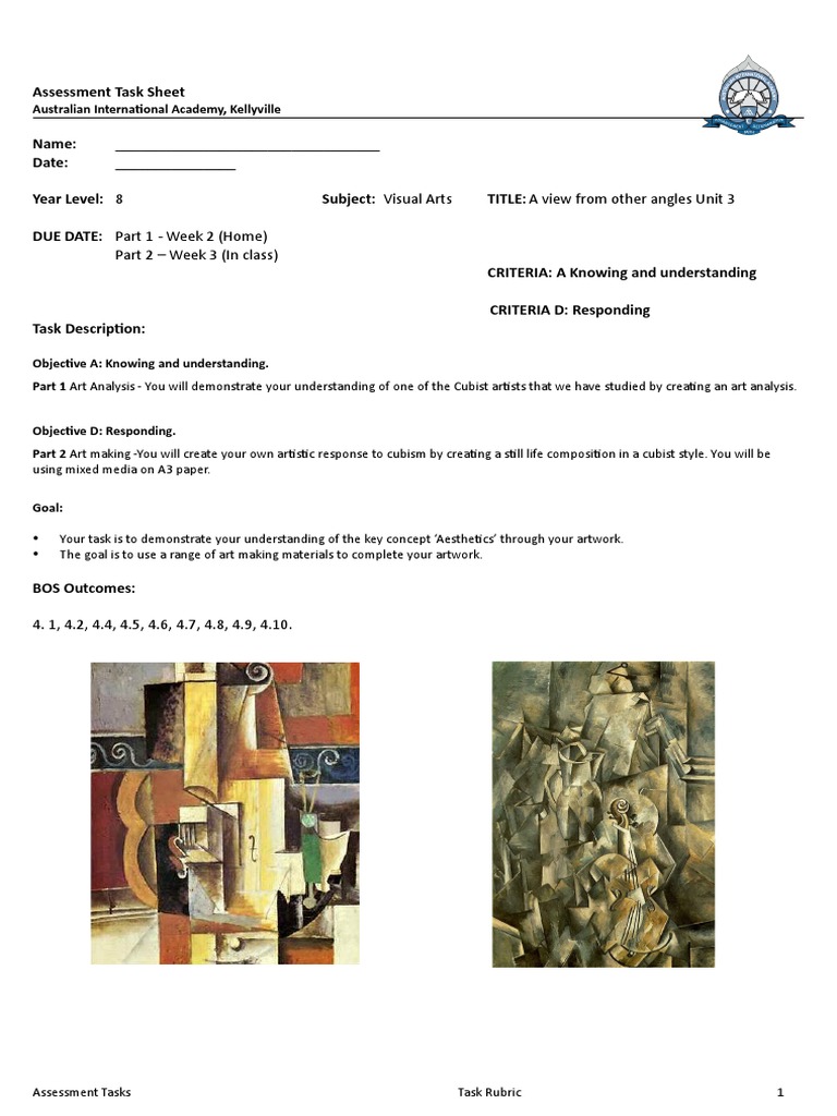 Year 8 U3 Visual Arts Myp Assessment Task and Rubric 7 | PDF | Rubric ...