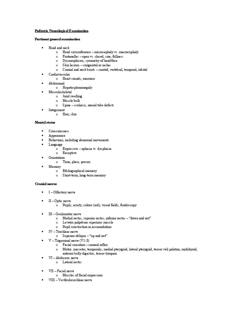 Pediatric Neurological Exam Guide | PDF | Human Anatomy | Neuroscience