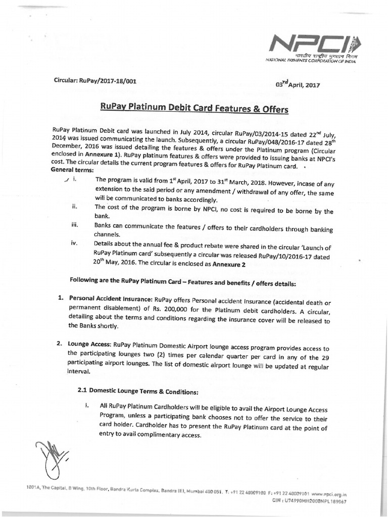 RuPay Platinum Debit Card Features & Offers PDF | PDF