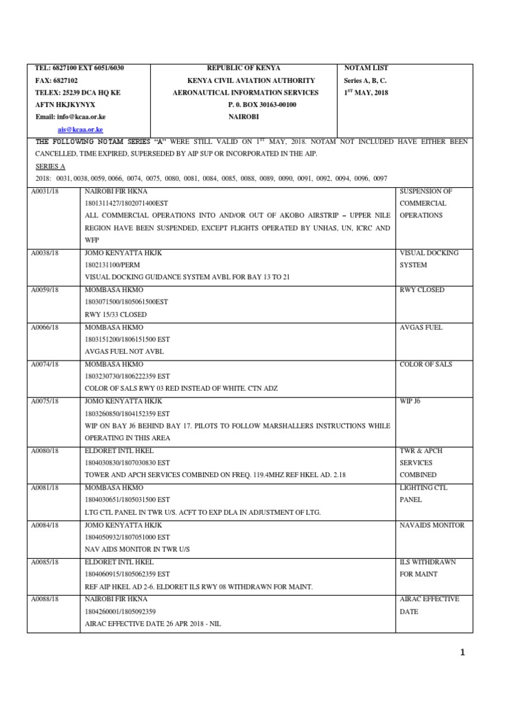 Notam List As at 1st May 2018 | PDF | Nairobi | Aviation Safety