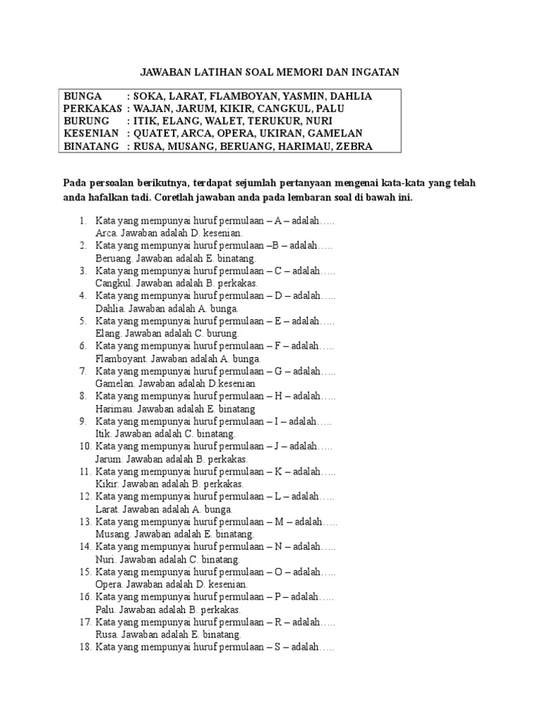 Jawaban Latihan Soal Memori Dan Ingatan Ist | PDF