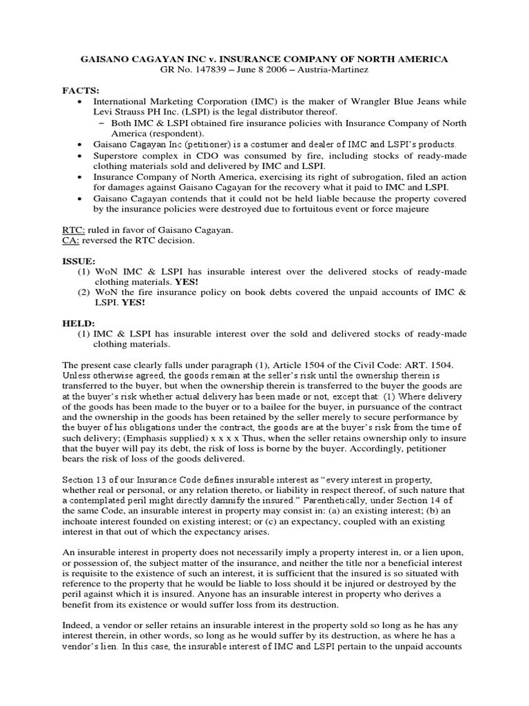 Gaisano Cagayan Inc v. Insurance Company of North America (Digest ...