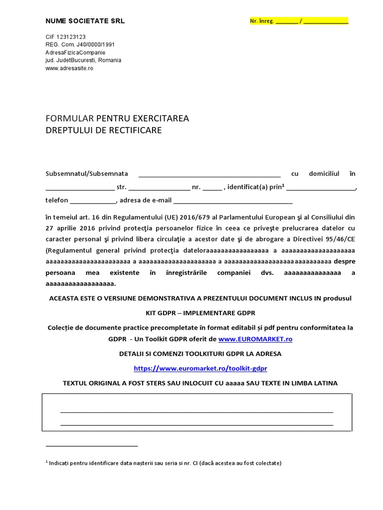 Kit Gdpr Formular de Solicitare Rectificare Date Din Baza de Date de ...
