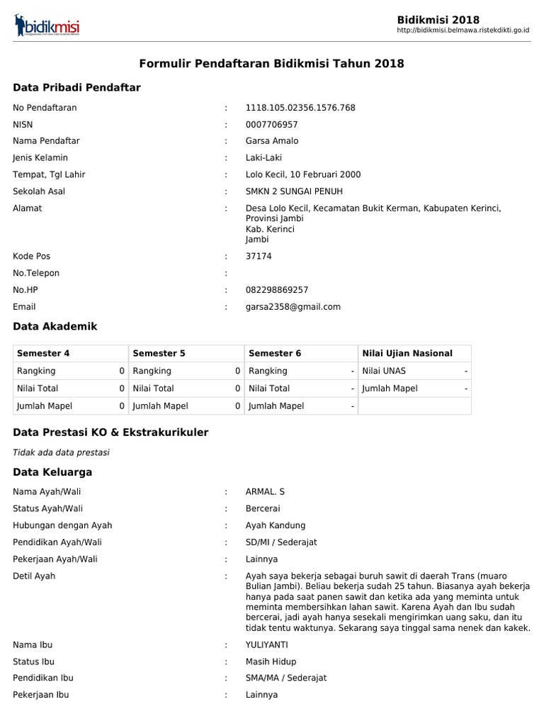 Formulir Peserta Bidikmisi 2018 | PDF