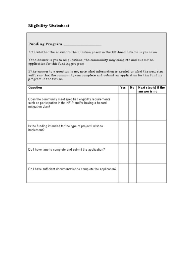 Eligibility Worksheet: Yes No Next Step(s) If The Answer Is No | PDF