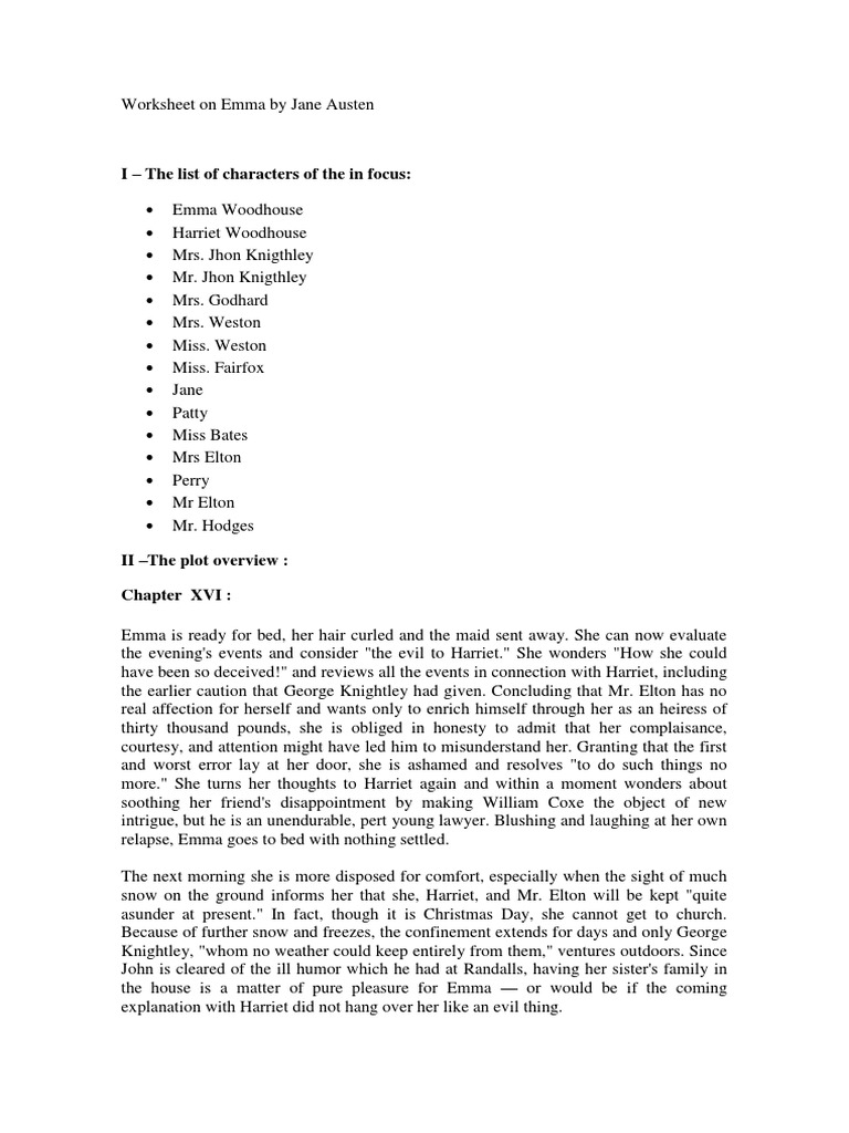 Worksheet On Emma by Jane Austen | PDF | Emma Woodhouse | Emma (Novel)