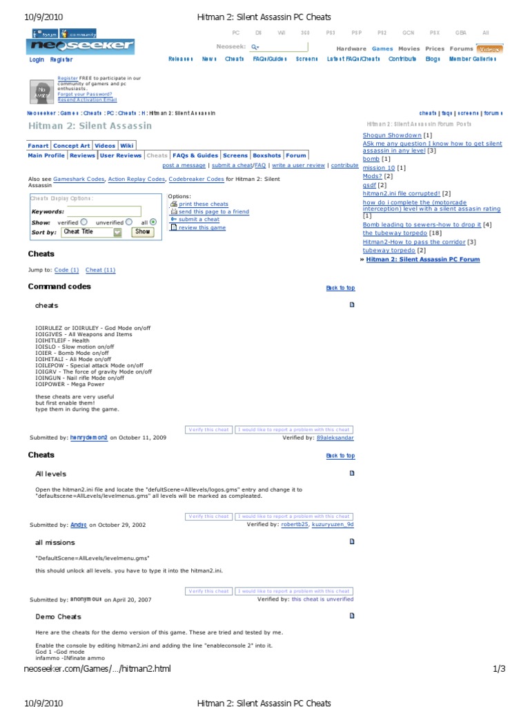 Hitman 2_ Silent Assassin PC Cheats | Cheating In Video Games ...