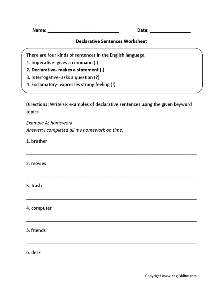 Declarative Sentences Worksheet | PDF