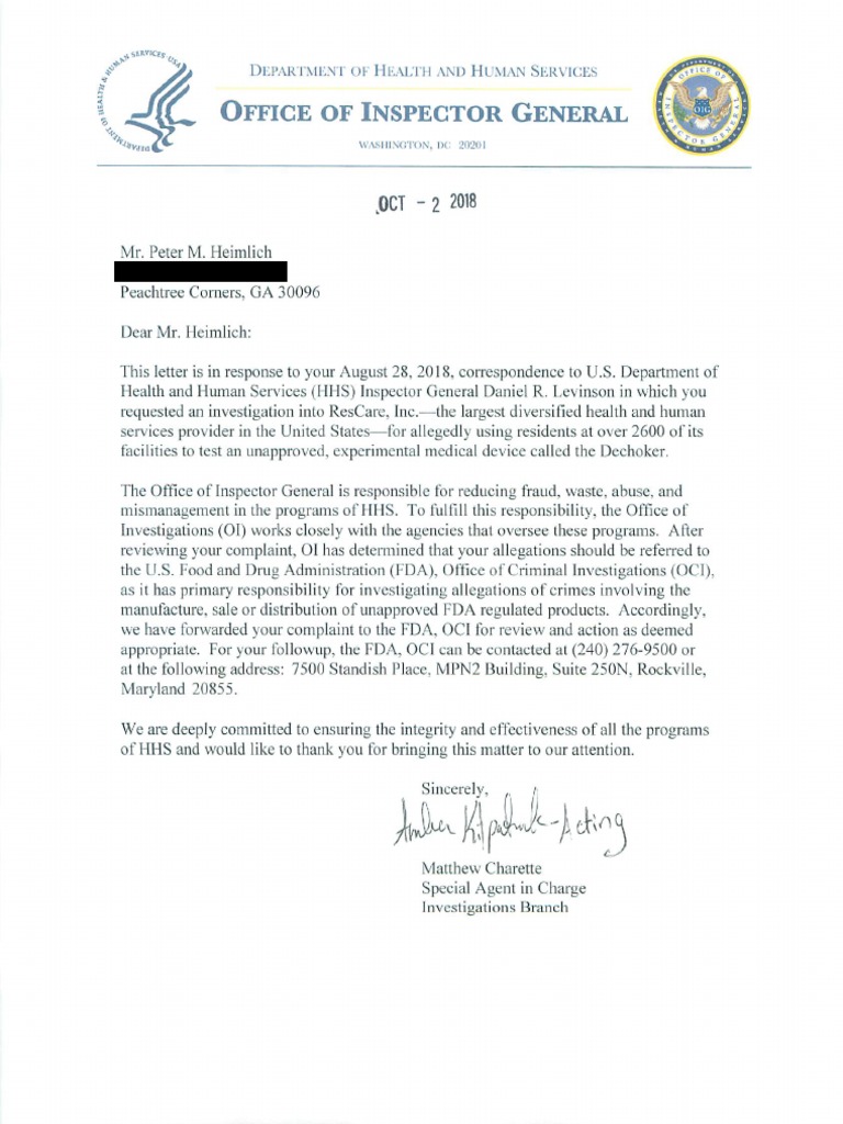 10/2/18 HHS OIG letter to me referring to FDA Office of Criminal ...