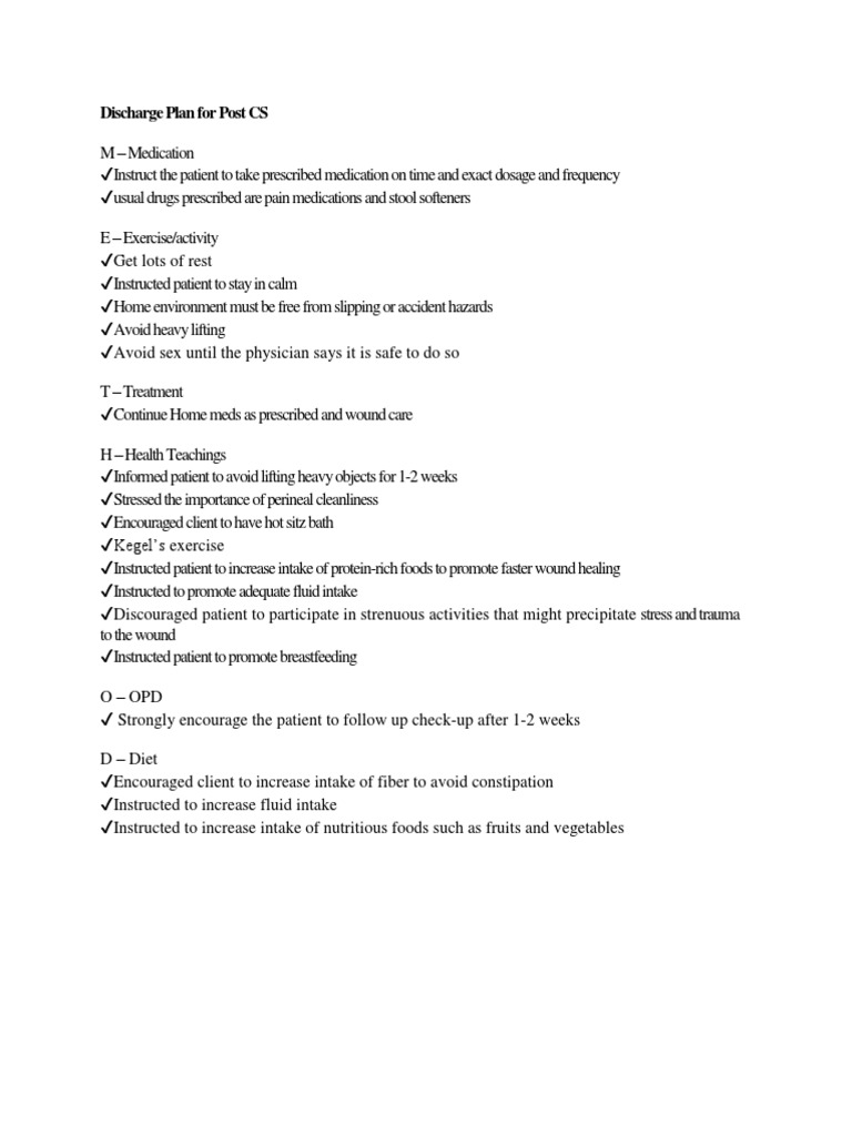 Post CS Discharge Plan | PDF