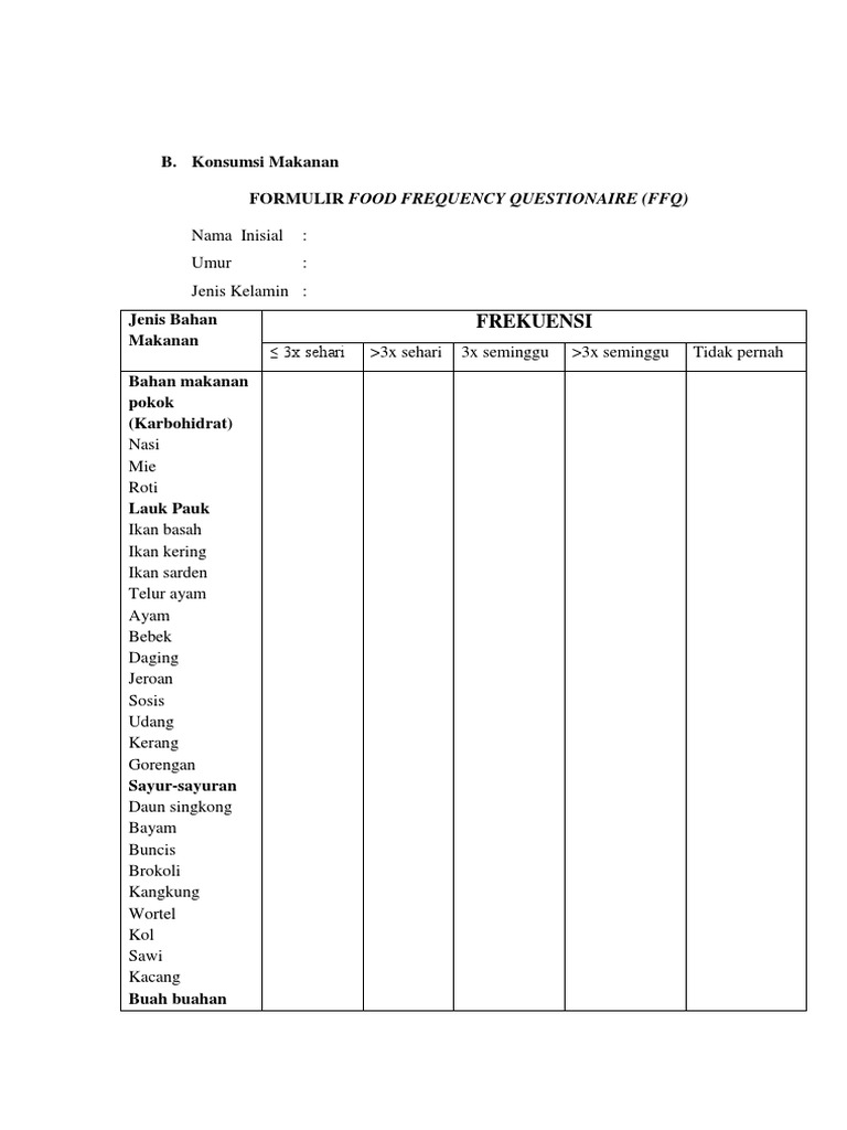 Formulir FFQ | PDF | Memasak, Makanan, & Anggur | Kesehatan Holistik