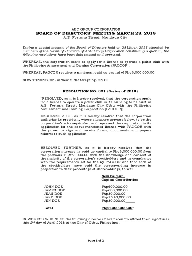 Board Resolution for Capital Increase | PDF | Board Of Directors ...