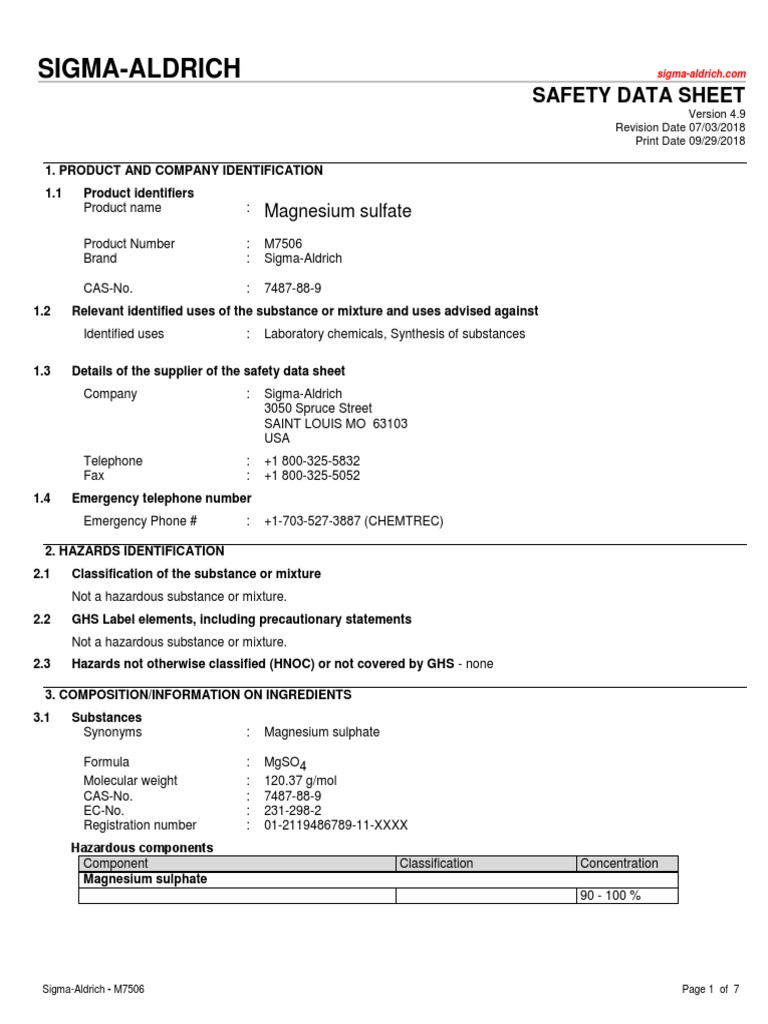 Magnesium Sulfate | PDF | Toxicity | Occupational Hygiene