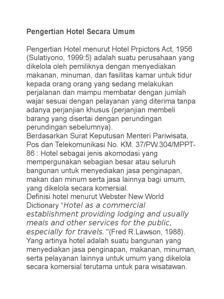 Pengertian Hotel Secara Umum | PDF