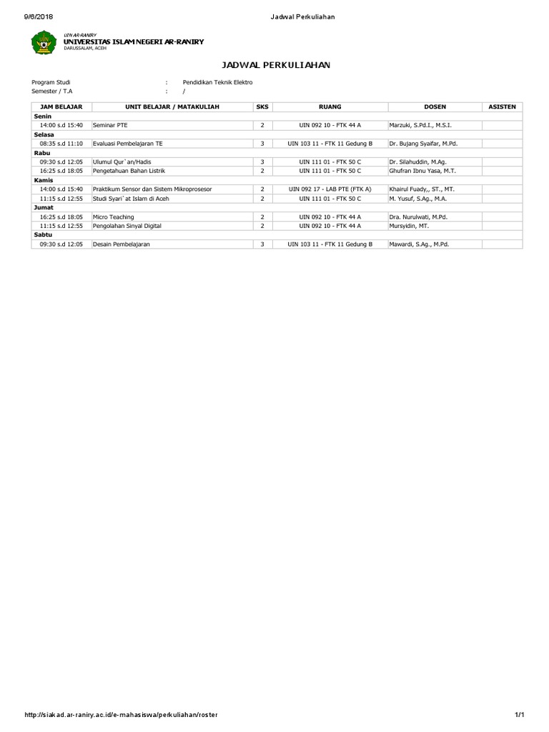 Roster Jadwal Perkuliahan | PDF