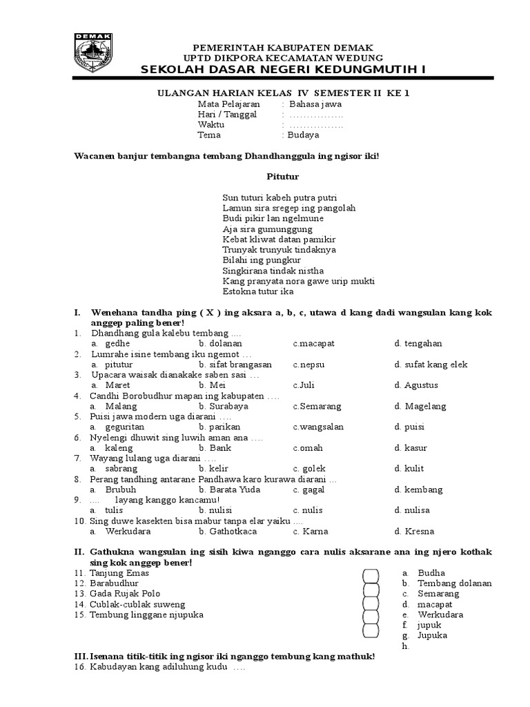 UH.1.Bahasa Jawa Kelas IV | PDF | Seni & Disiplin Bahasa | Kajian Bahasa Asing