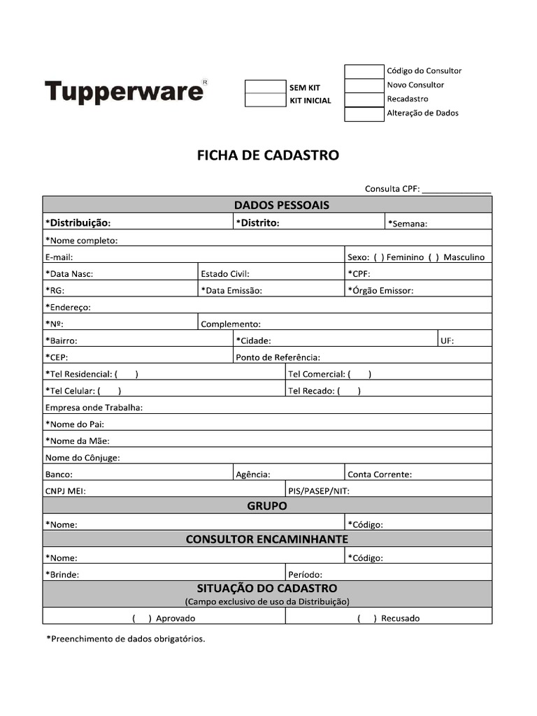 FICHA DE CADASTRO Tupperware - 2016-2 PDF | PDF