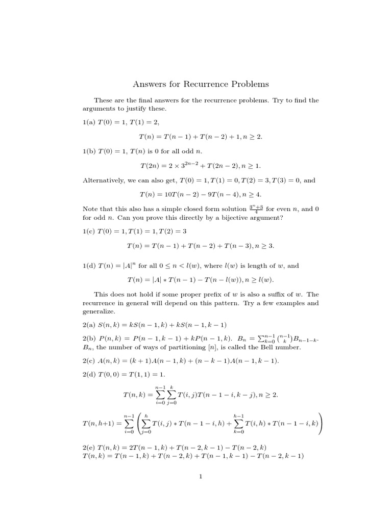 Answers For Recurrence Problems | PDF