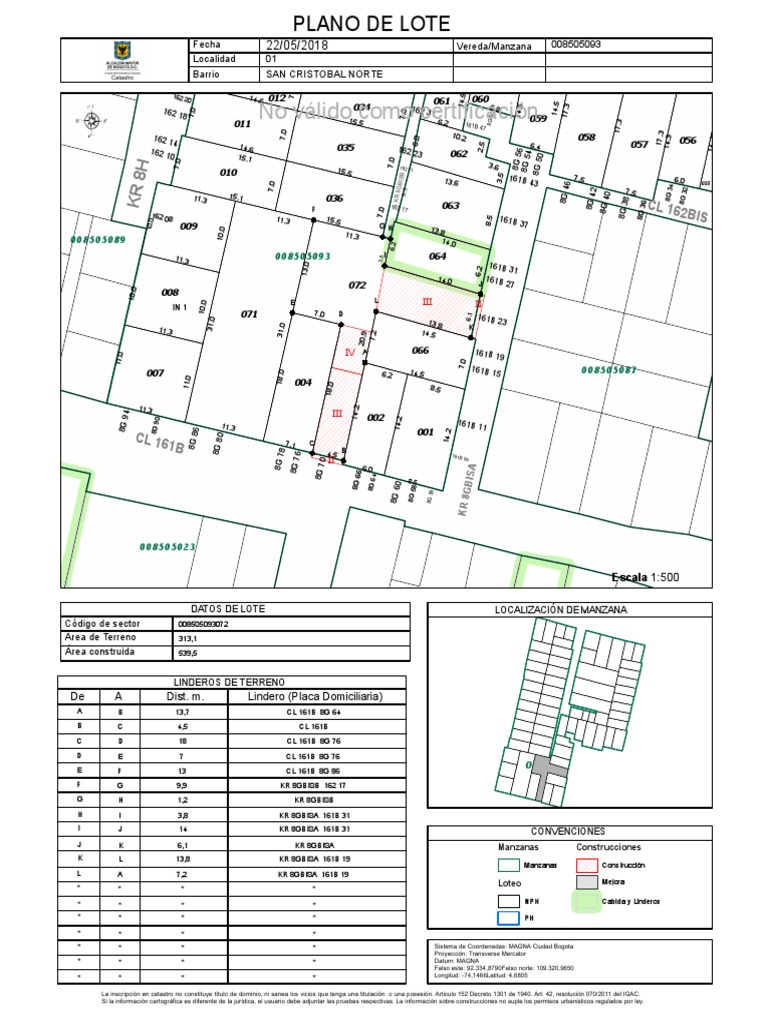 Plano de lote que muestra las dimensiones y detalles de una parcela ...