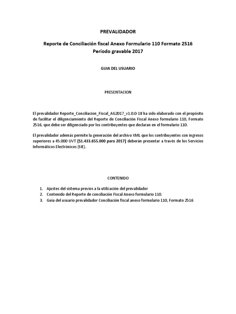 Guia Del Usuario Prevalidador Reporte Conciliacion Fiscal Formato 2516 ...