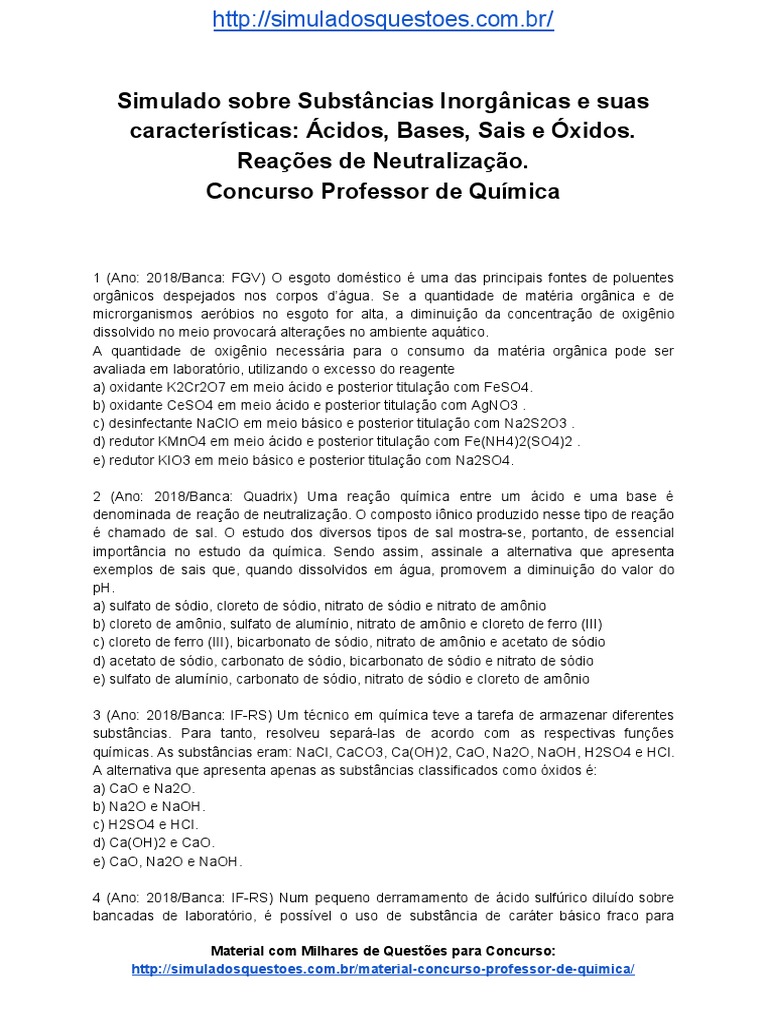 Simulado Sobre Substâncias Inorgânicas e Suas Características Ácidos ...