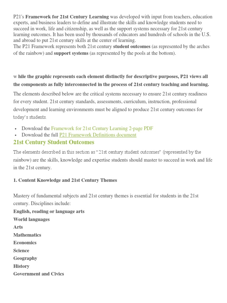 21st Century Student Outcomes: Framework For 21st Century Learning 2 ...