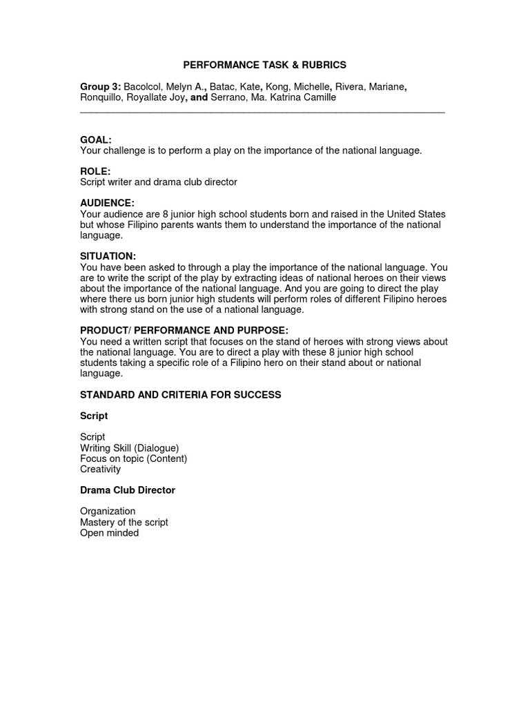 Group 3 Performance Task & Rubric | PDF | Cognition