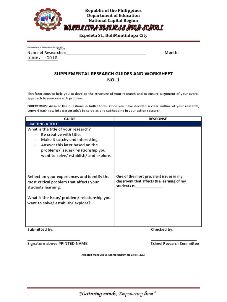 Supplemental Research Guides and Worksheet NO. 1 | Download Free PDF | Question | Reading ...