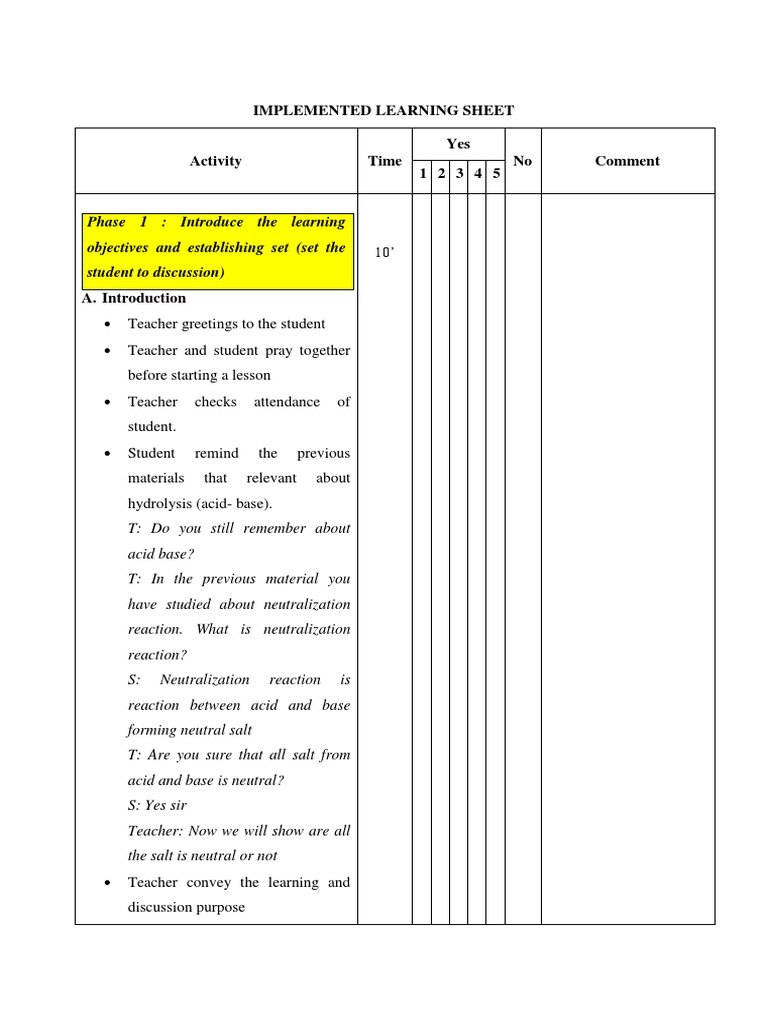 Implemented Learning Sheet Yes No Comment 1 2 3 4 5 | Download Free PDF ...