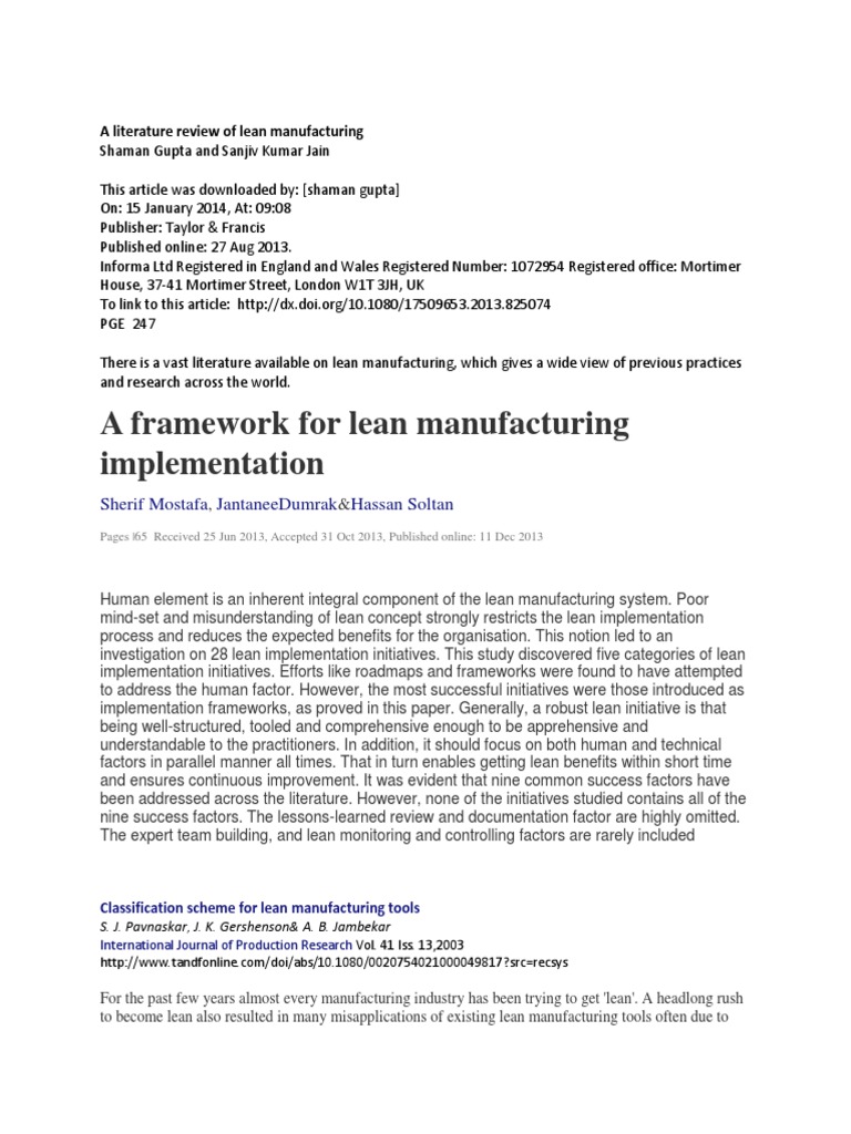 A Framework For Lean Manufacturing Implementation | PDF | Lean ...